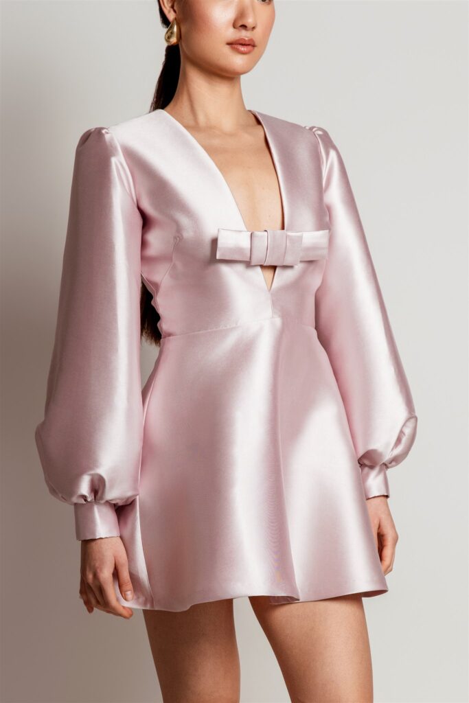 Pink Low Cut Mini Dress with Puffy Sleeves and Bow insert – Luxury ...